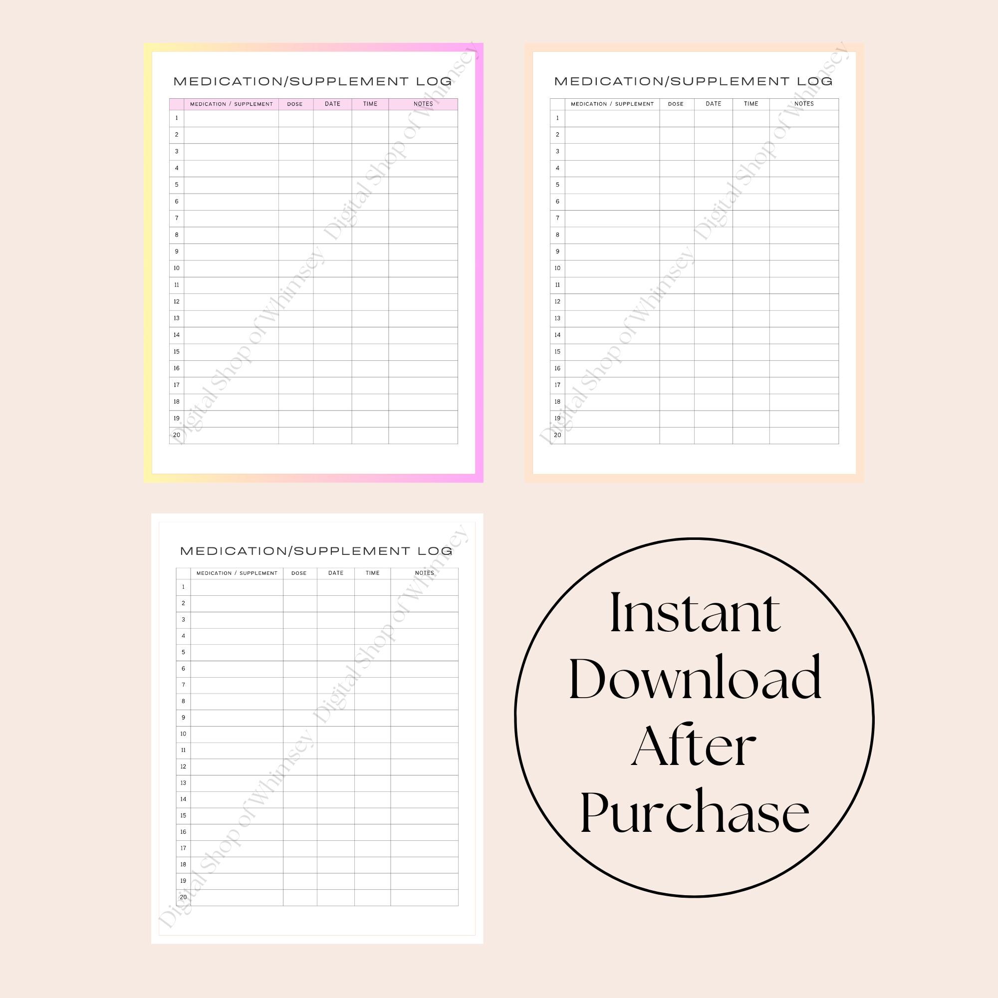 Printable Medication Tracking Sheet, Supplement Tracking Sheet ...