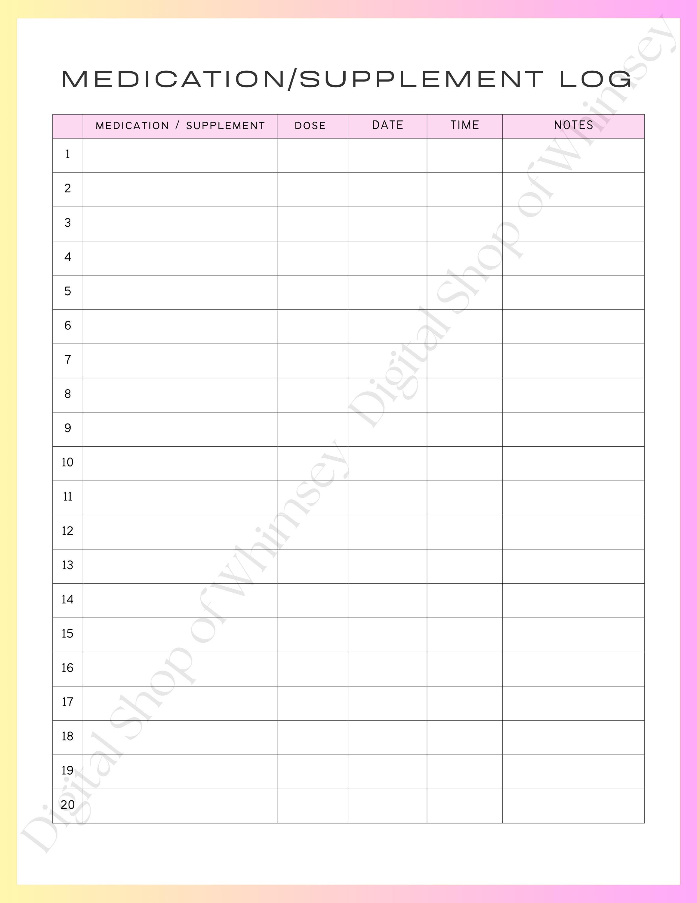Printable Medication Tracking Sheet, Supplement Tracking Sheet ...
