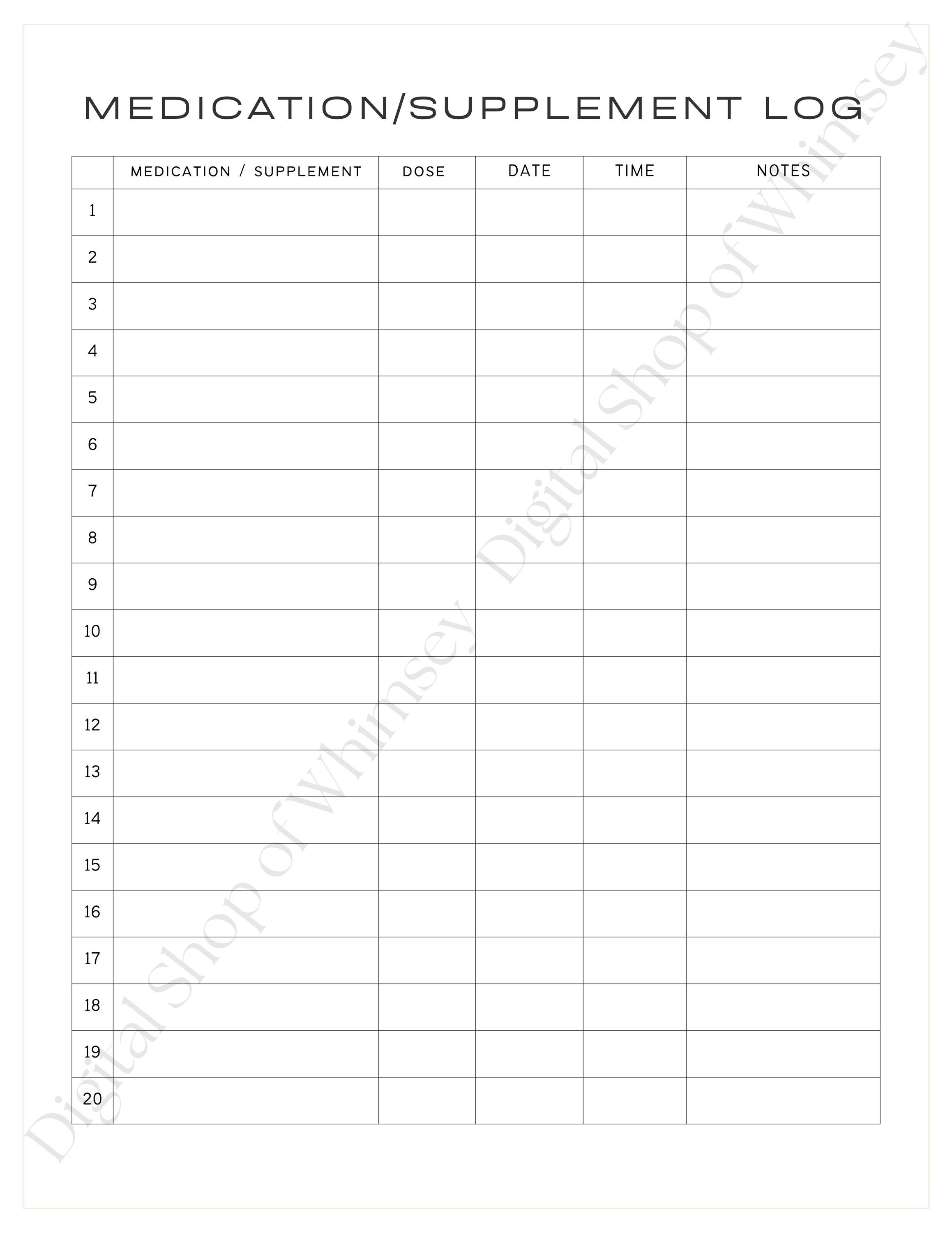 Printable Medication Tracking Sheet, Supplement Tracking Sheet ...