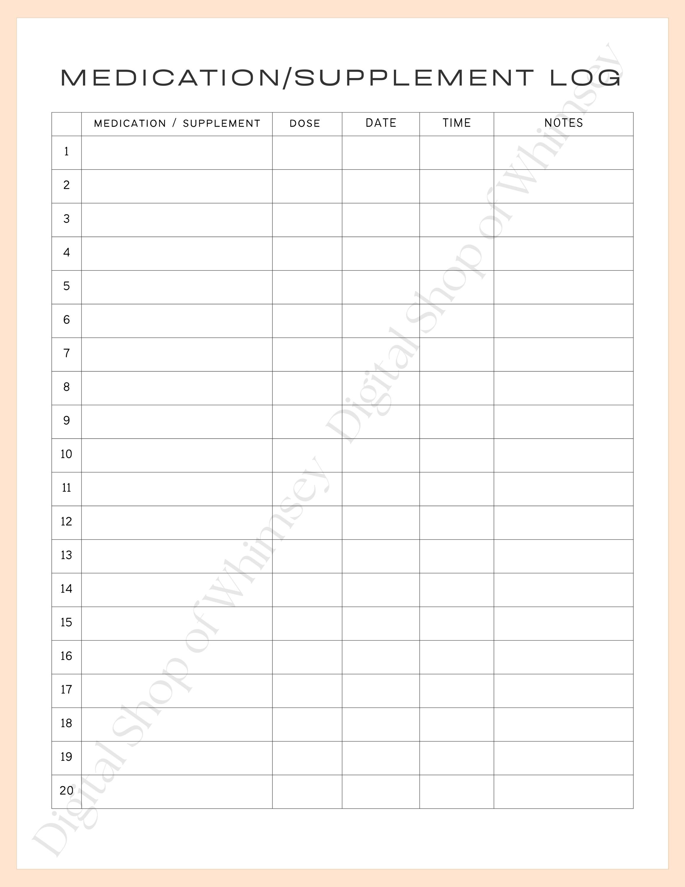 Printable Medication Tracking Sheet, Supplement Tracking Sheet ...