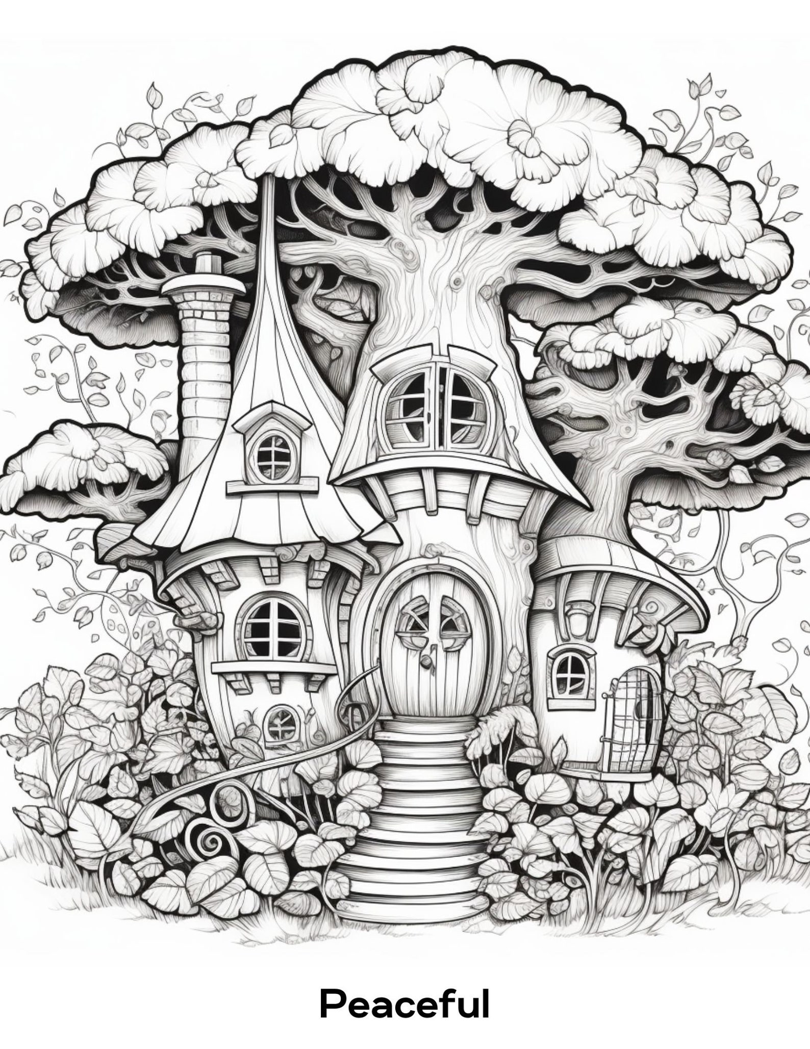 Tree House Coloring Page, Fairy Tree House, Fantasy Forest Tree House ...