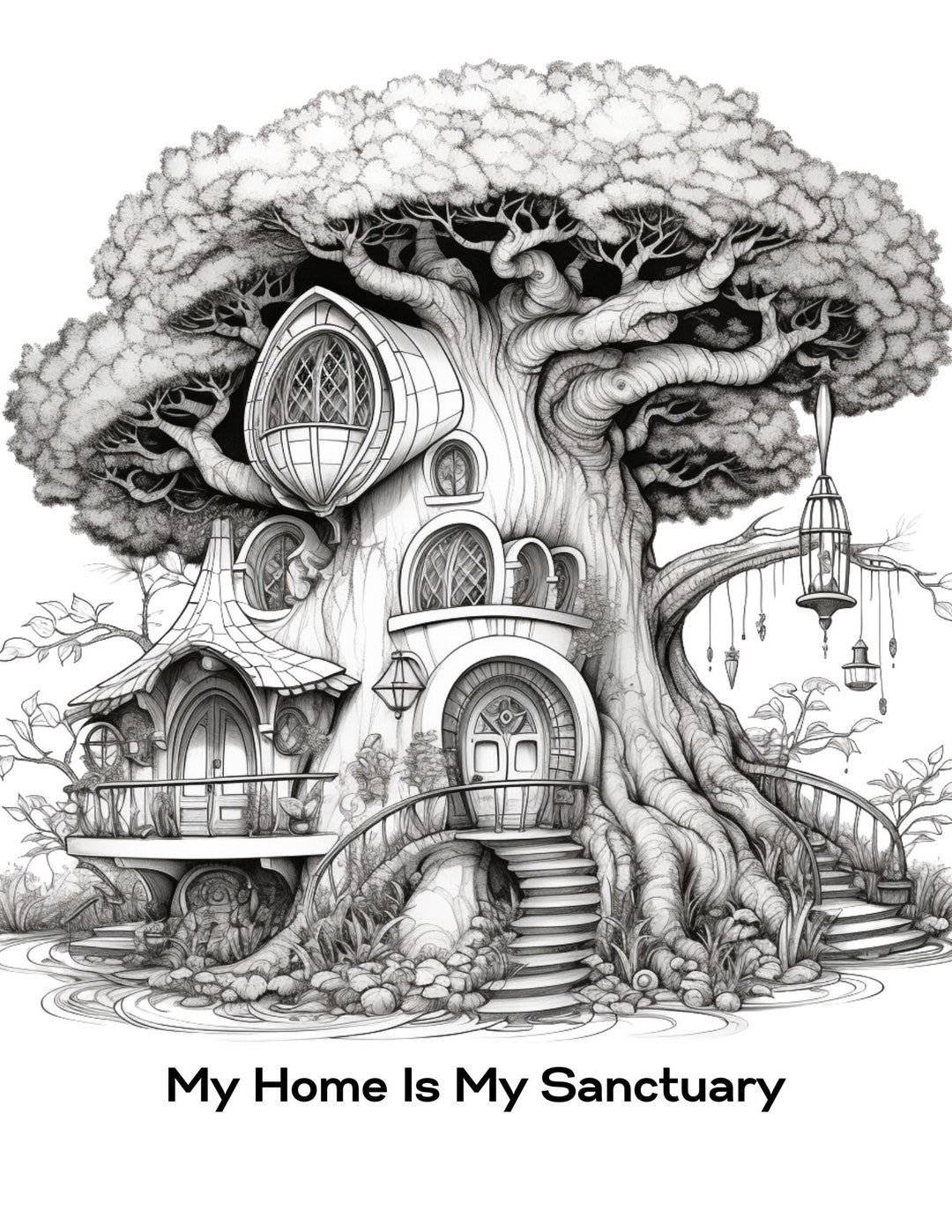 Fairy Tree House Coloring Page, Fairy Tree House, Fantasy Forest, Fairy ...