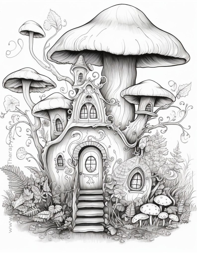 Fairy Mushroom Home Coloring Page, Mushroom Homes, Fantasy Home, Fairy ...