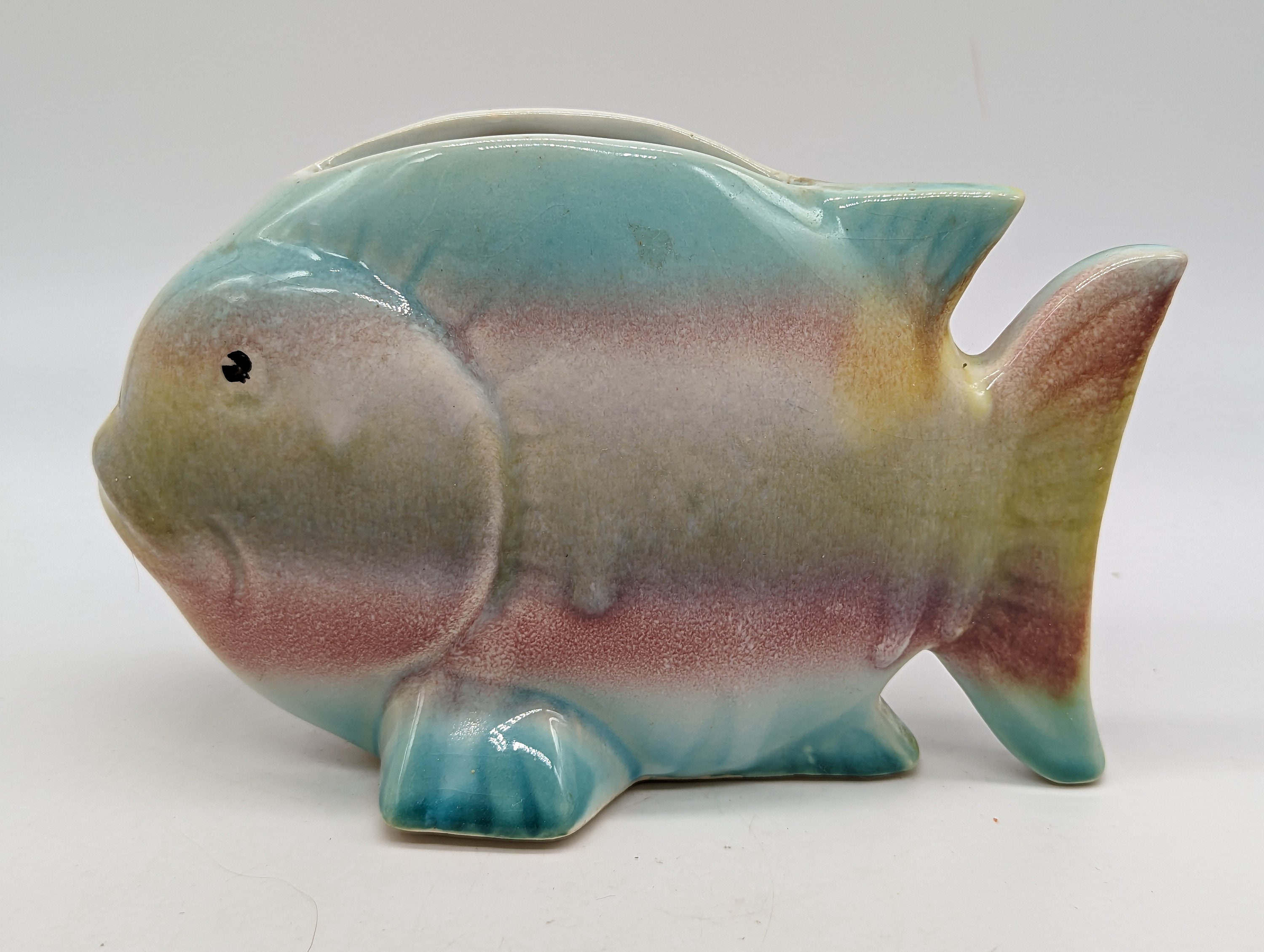Vintage Pottery Fish Planter Vase Rainbow Pastel Drip Glaze - Etsy