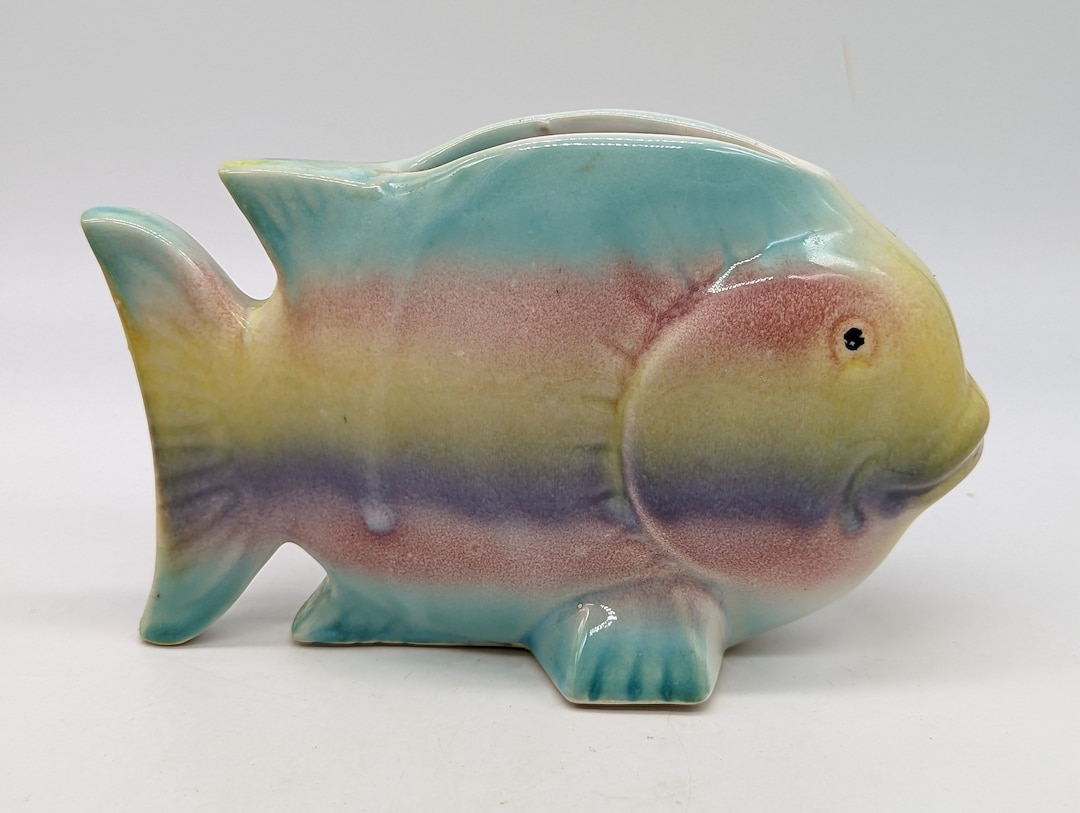 Vintage Pottery Fish Planter Vase Rainbow Pastel Drip Glaze - Etsy
