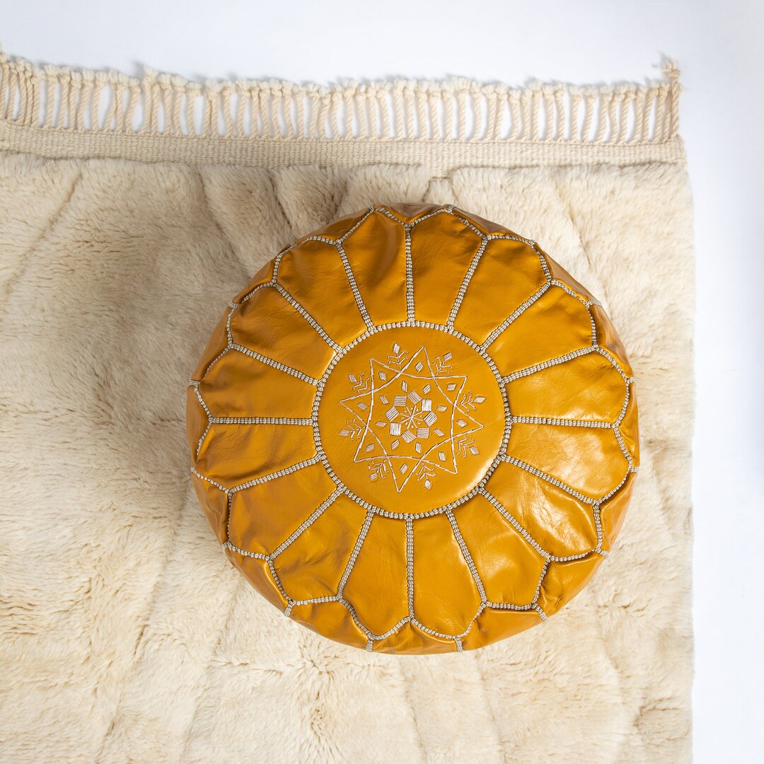 Handmade Moroccan Mustard Yellow Leather Pouf Embroidered With ...