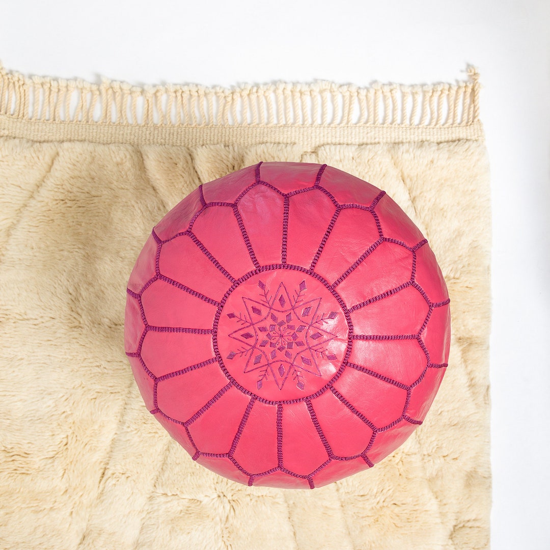Handmade Moroccan Pink Fuschia Leather Pouf Embroidered With Stitching ...