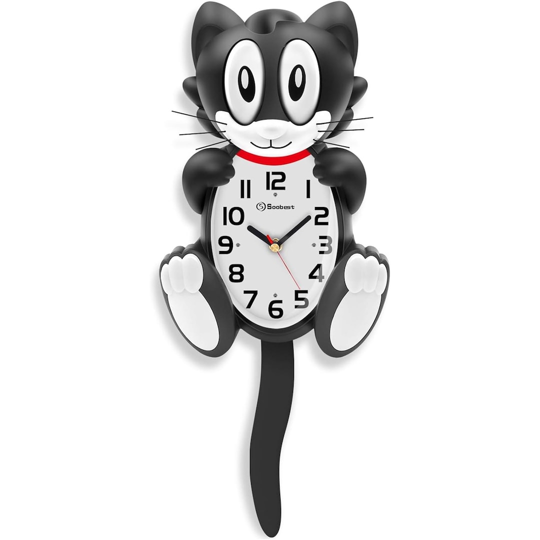 18 Inch Large Vintage Cat Wall Clock Battery Operated Silent Non ...