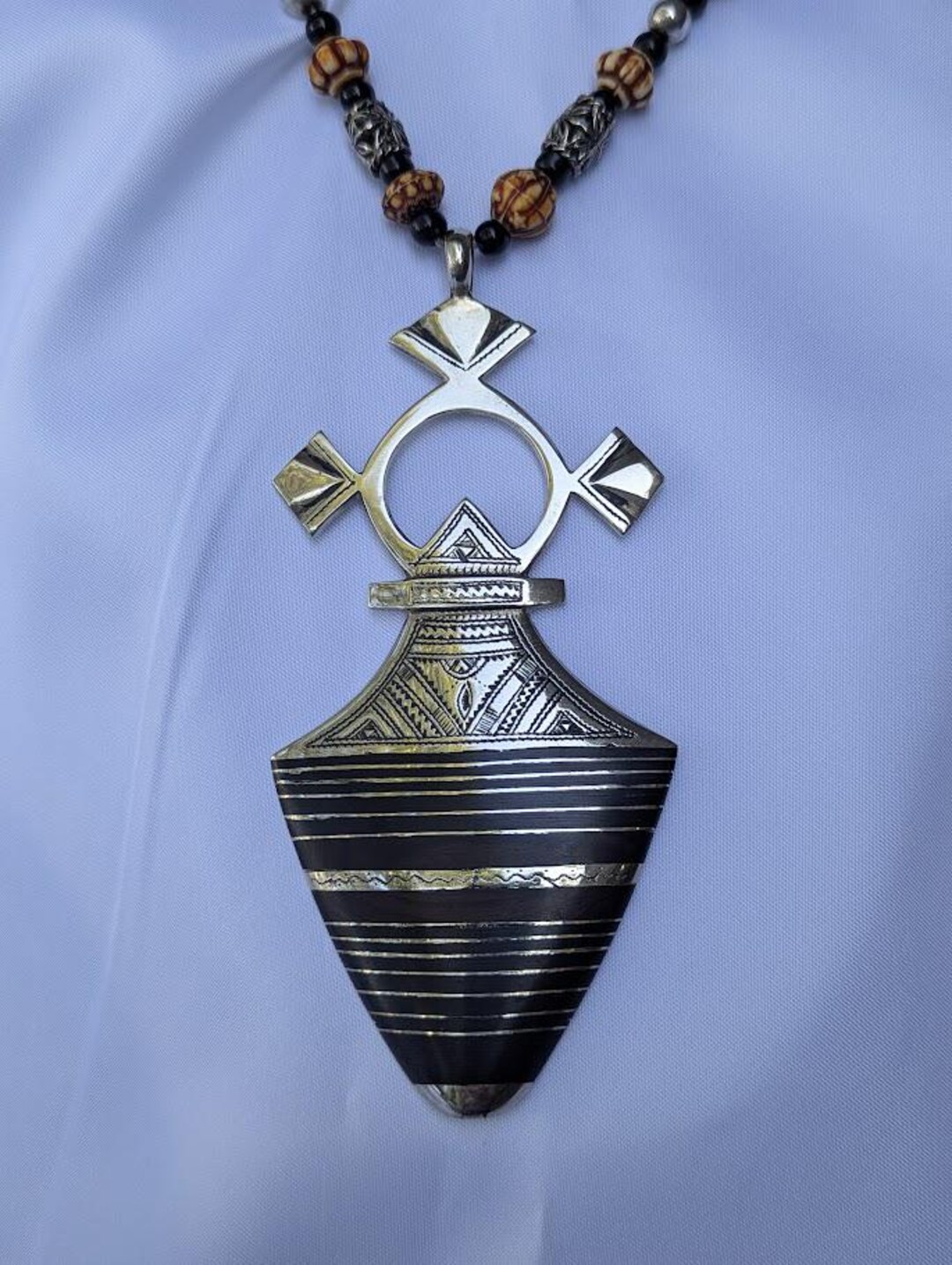 Tuareg-style Pendant Necklace – Geometric Tribal Engravings, Mixed ...