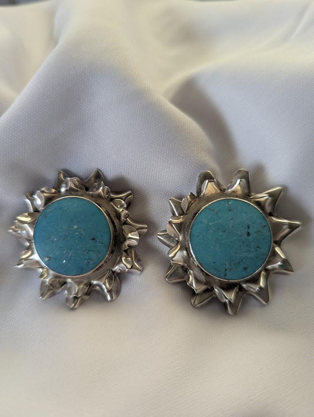 Signed Calderon Atachi Sterling Mexico TC 84 Sunburst Turquoise Silver ...