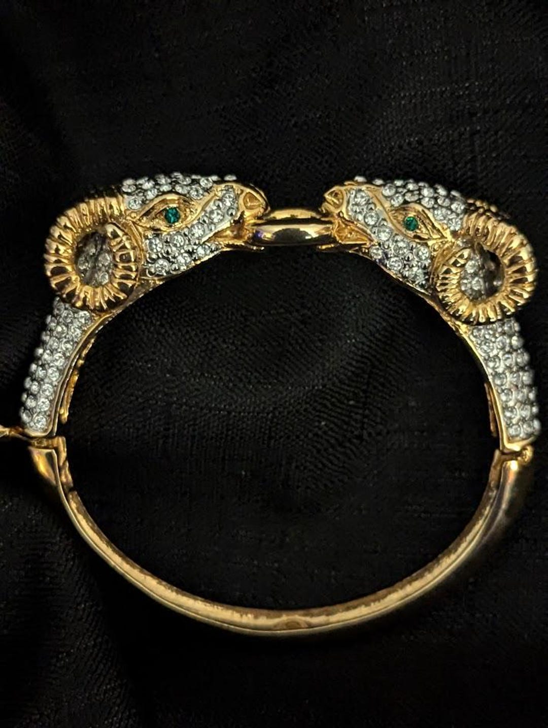 Vintage Double Rams Head Bangle Bracelet – Gold-tone, Rhinestone ...