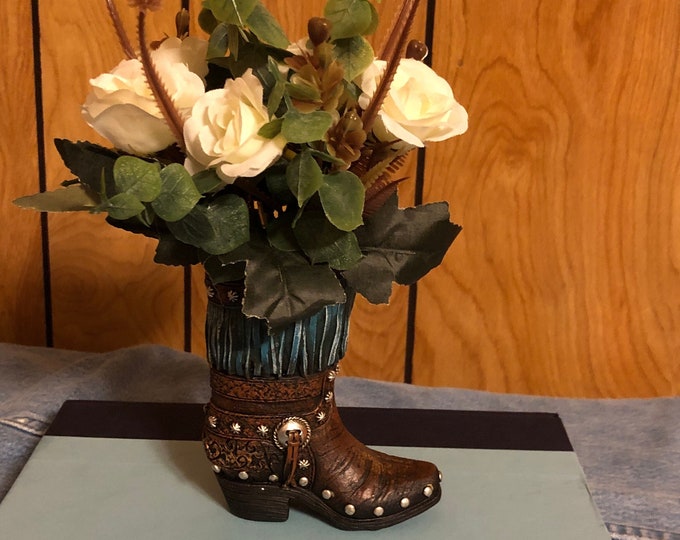 Flower Arrangement in Brown Resin Boot With Look of Tooled Leather and ...