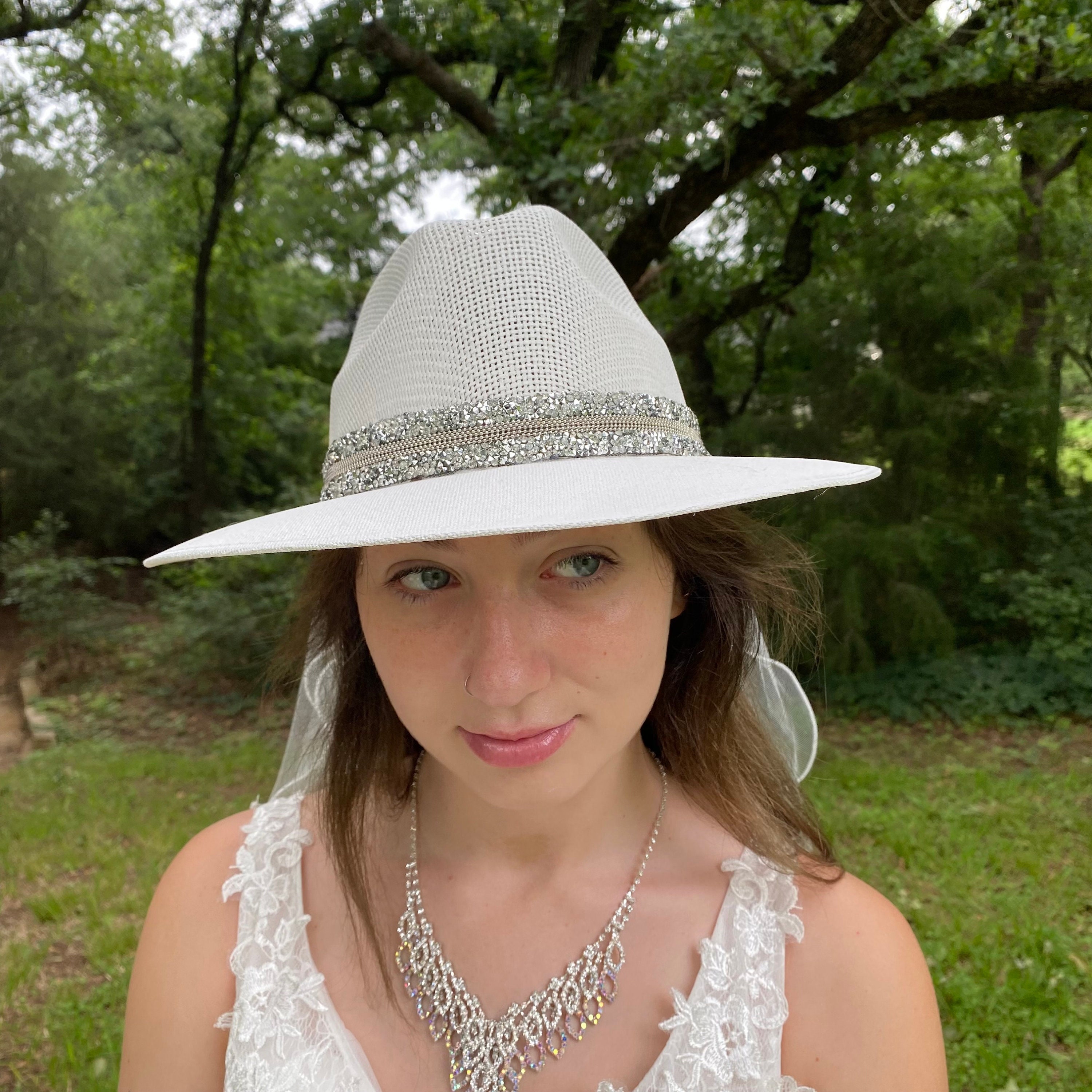 Bridal Wedding Fedora Hat With Hat Band of Crushed Rhinestones. 36" Two ...