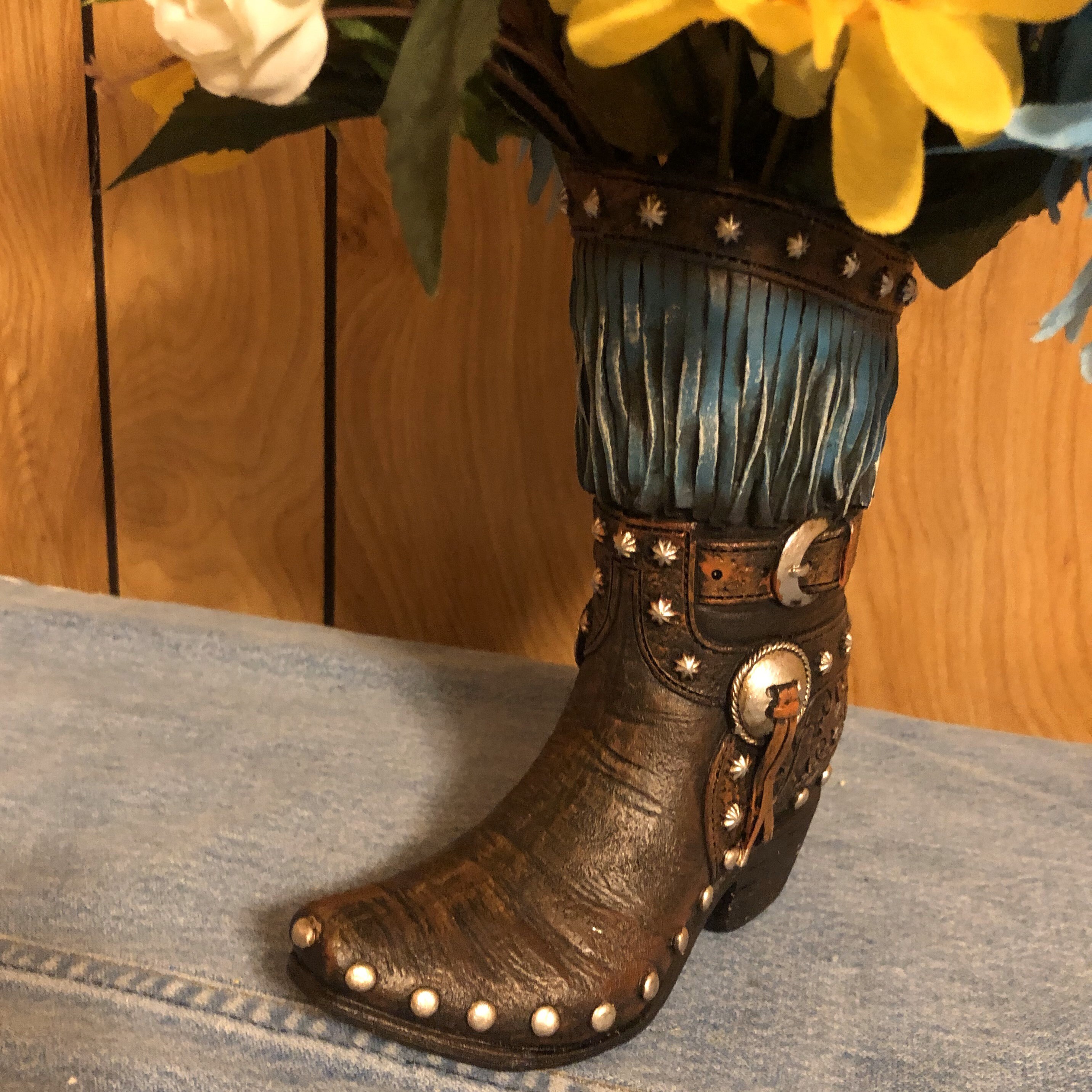 Flower Arrangement in Brown Resin Boot With Look of Tooled Leather and ...