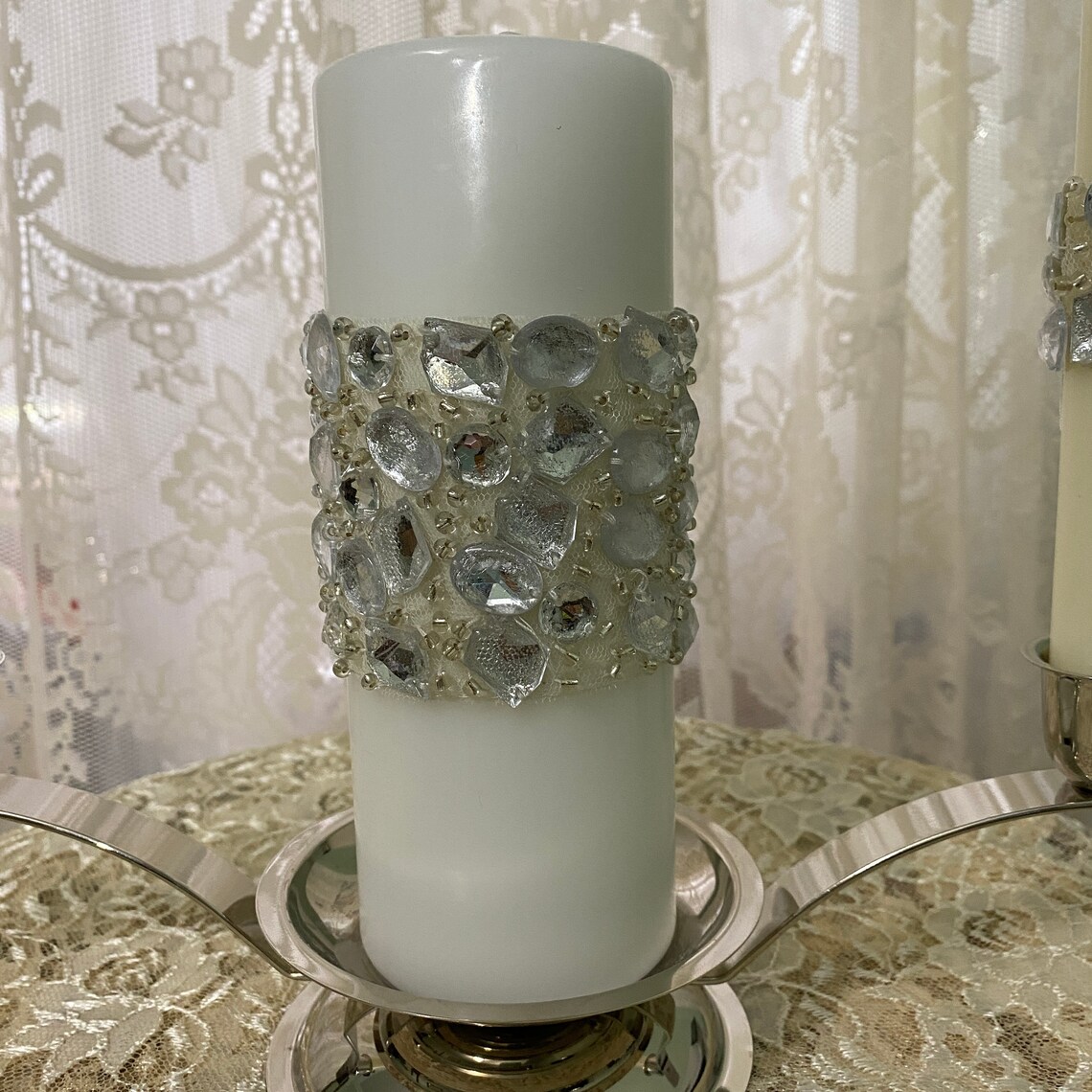 Wedding Unity Candle Set Foe Intricate Shape Clear Glass Beads. Stylish ...