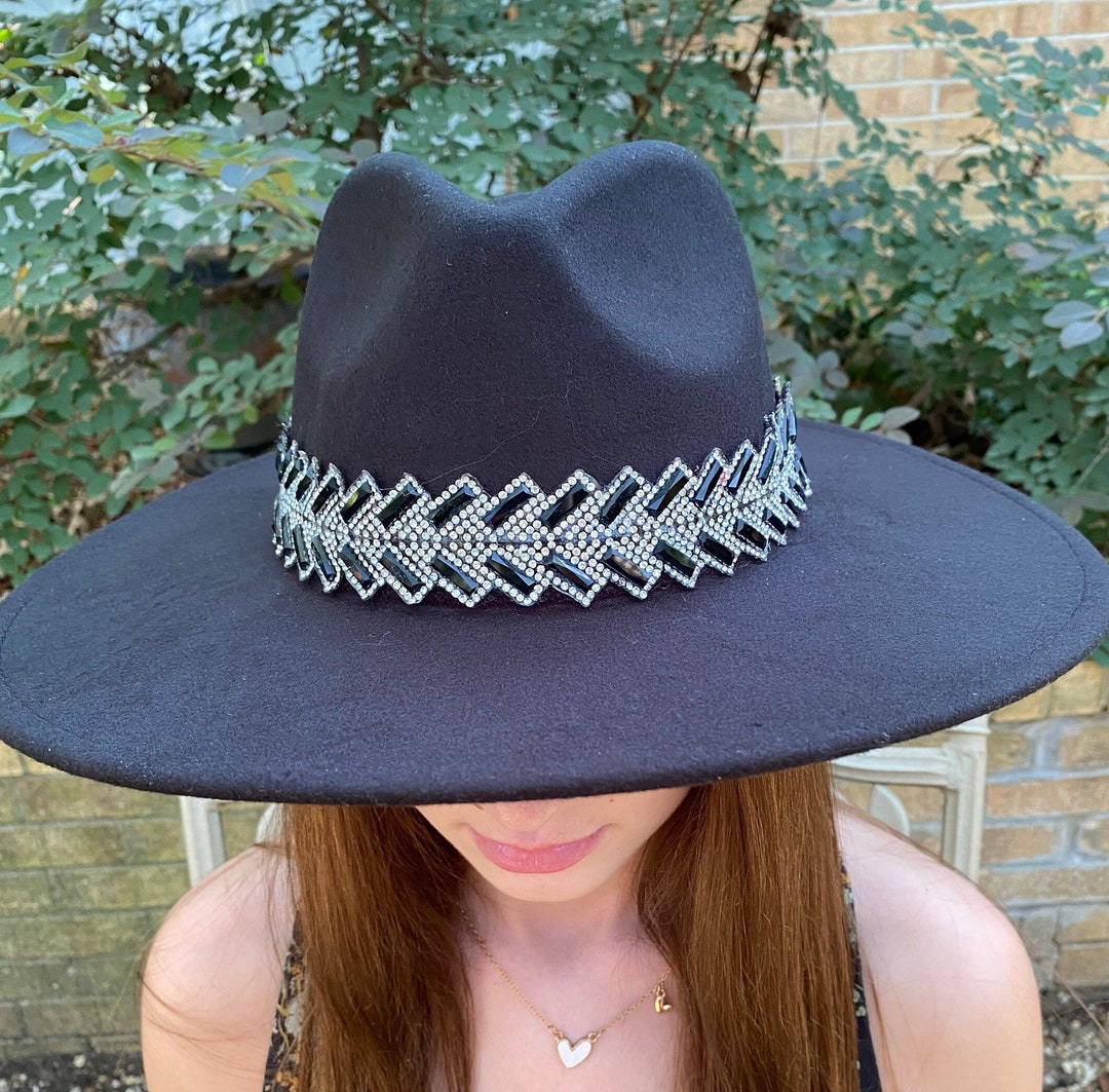 Wide Brim Felt Fedora Hat Beautiful Black With a Stunning Jeweled Hat ...
