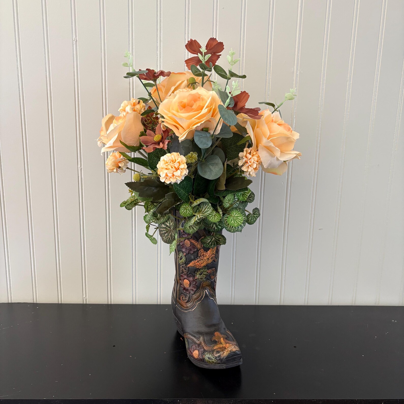 Boot Flower Vase Arrangement With Peach Rose Flowers & Unique Floral ...