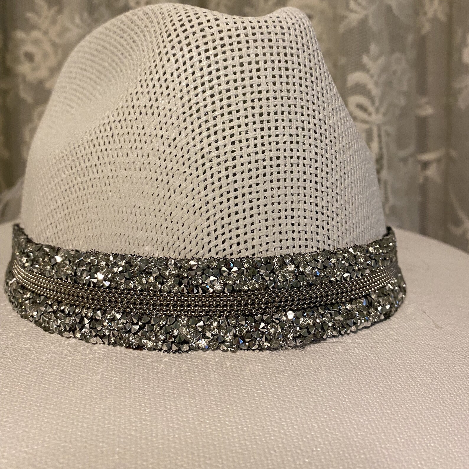 Bridal Wedding Fedora Hat With Hat Band of Crushed Rhinestones. 36" Two ...