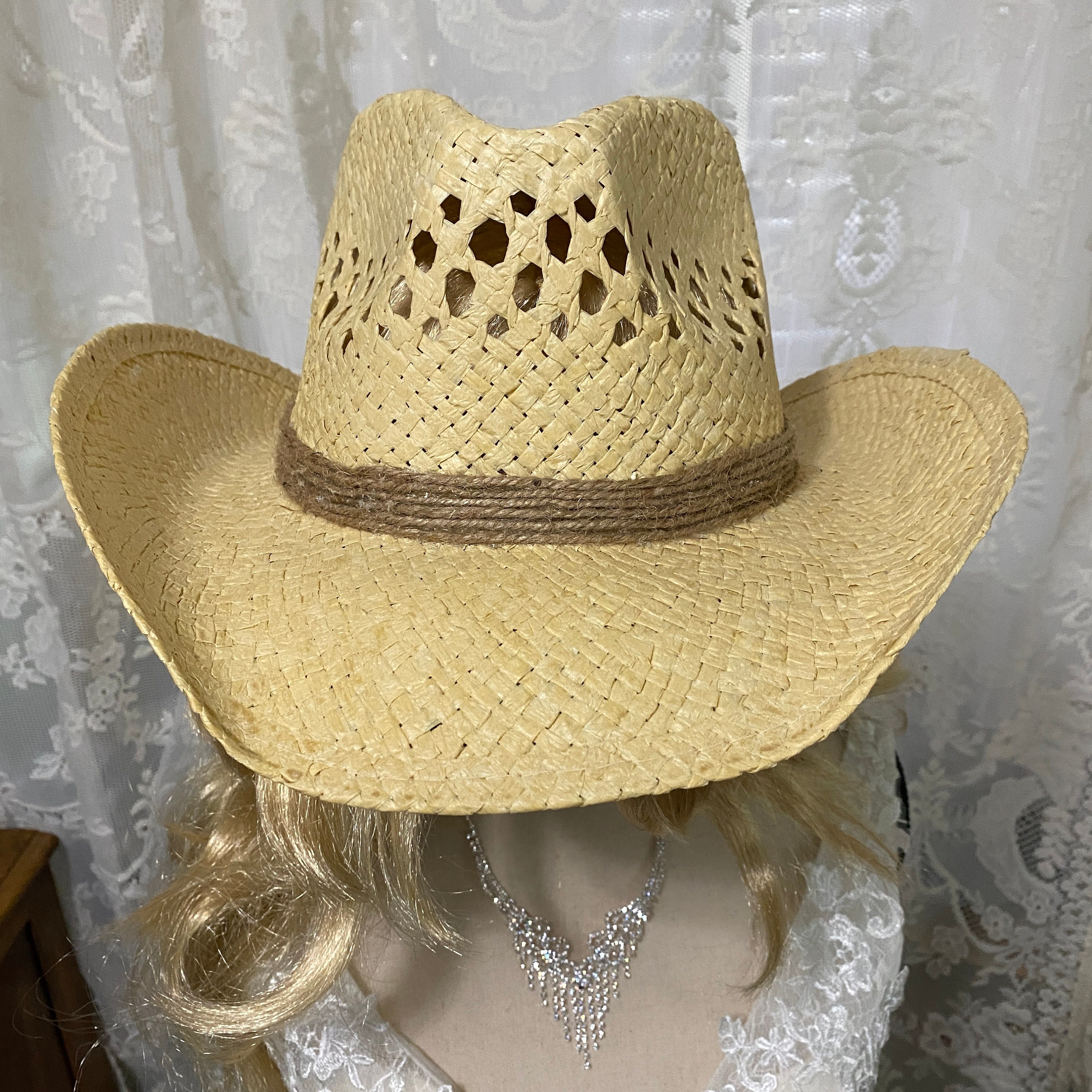 Straw Ivory Western Wedding Hat. Band Made of Jute Rope. Long 36-inch ...