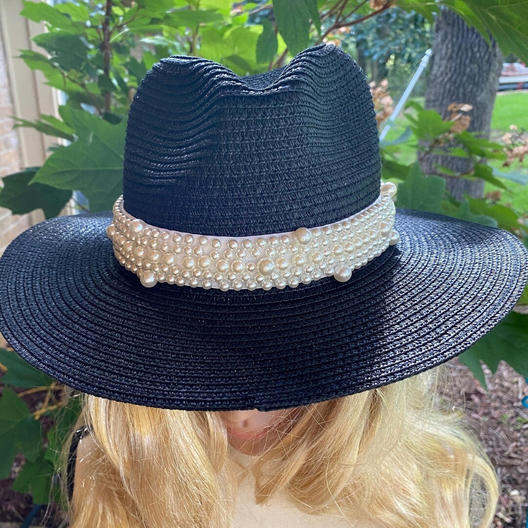 Beautiful Black Straw Fedora Wedding Hat. Hat Band Made of Rows of Beautiful White Pearls. Hat ...