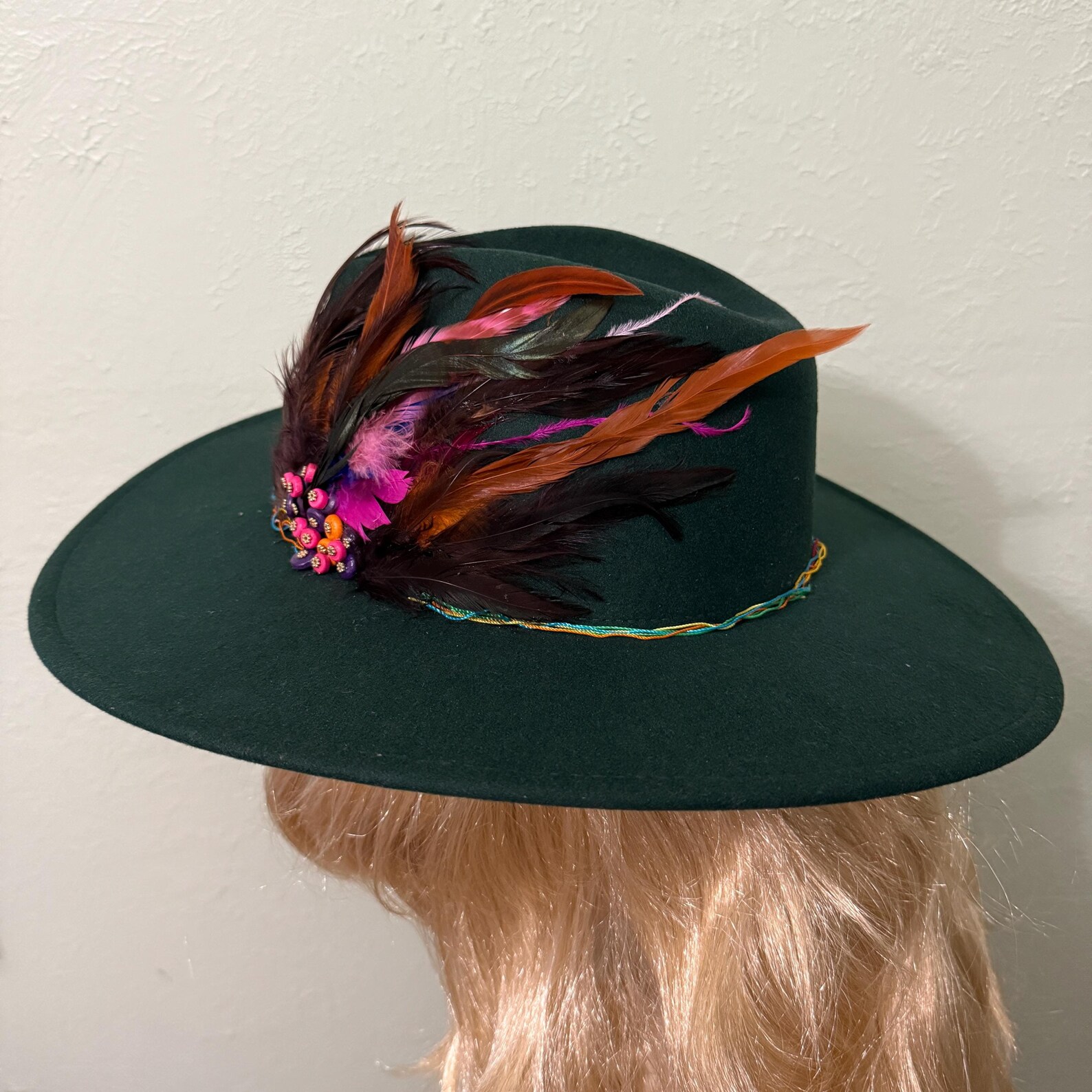 Beautiful Hunter Green Felt Fedora Hat. Embellished With Feathers and ...