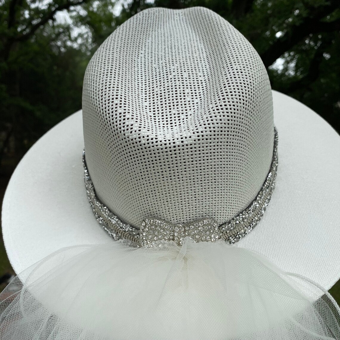 Bridal Wedding Fedora Hat With Hat Band of Crushed Rhinestones. 36" Two ...