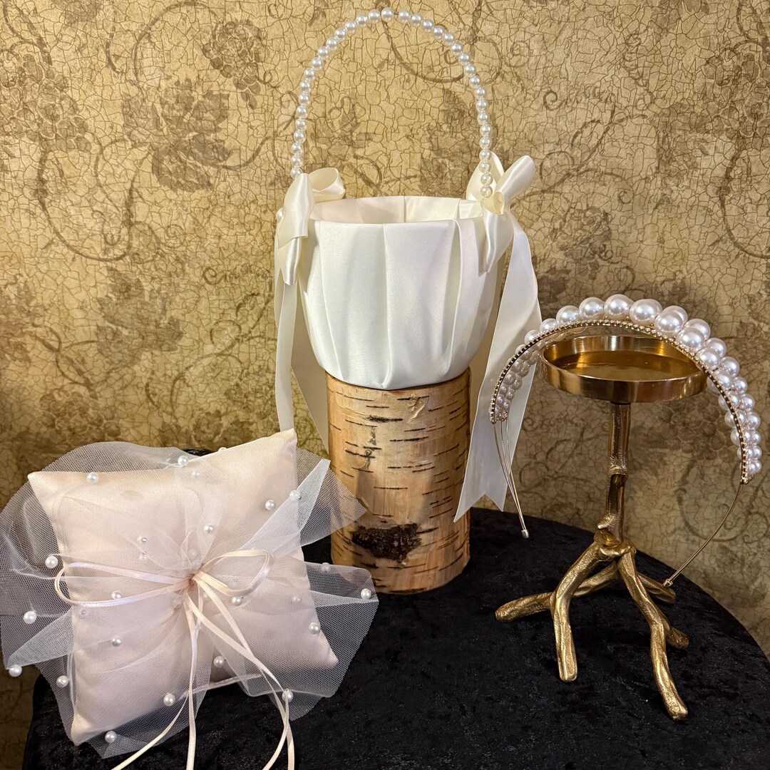 Ring Bearer Pillow Ivory Satin With Pearl Accents and Ivory Ribbon With ...