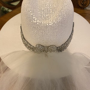Bridal Wedding Fedora Hat With Hat Band of Crushed Rhinestones. 36" Two ...