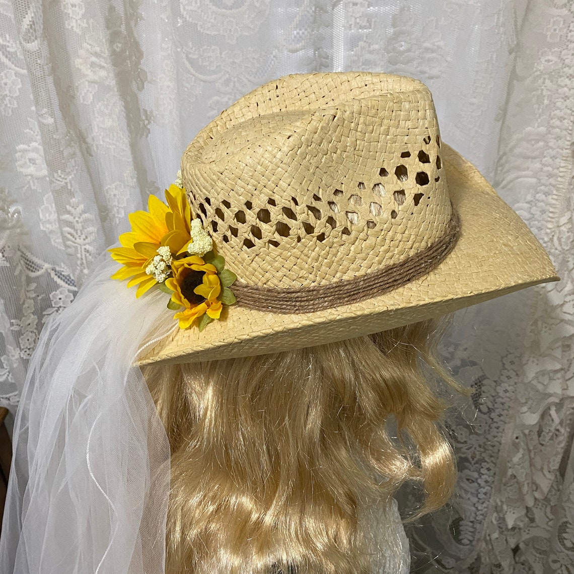 Straw Ivory Western Wedding Hat. Band Made of Jute Rope. Long 36-inch ...