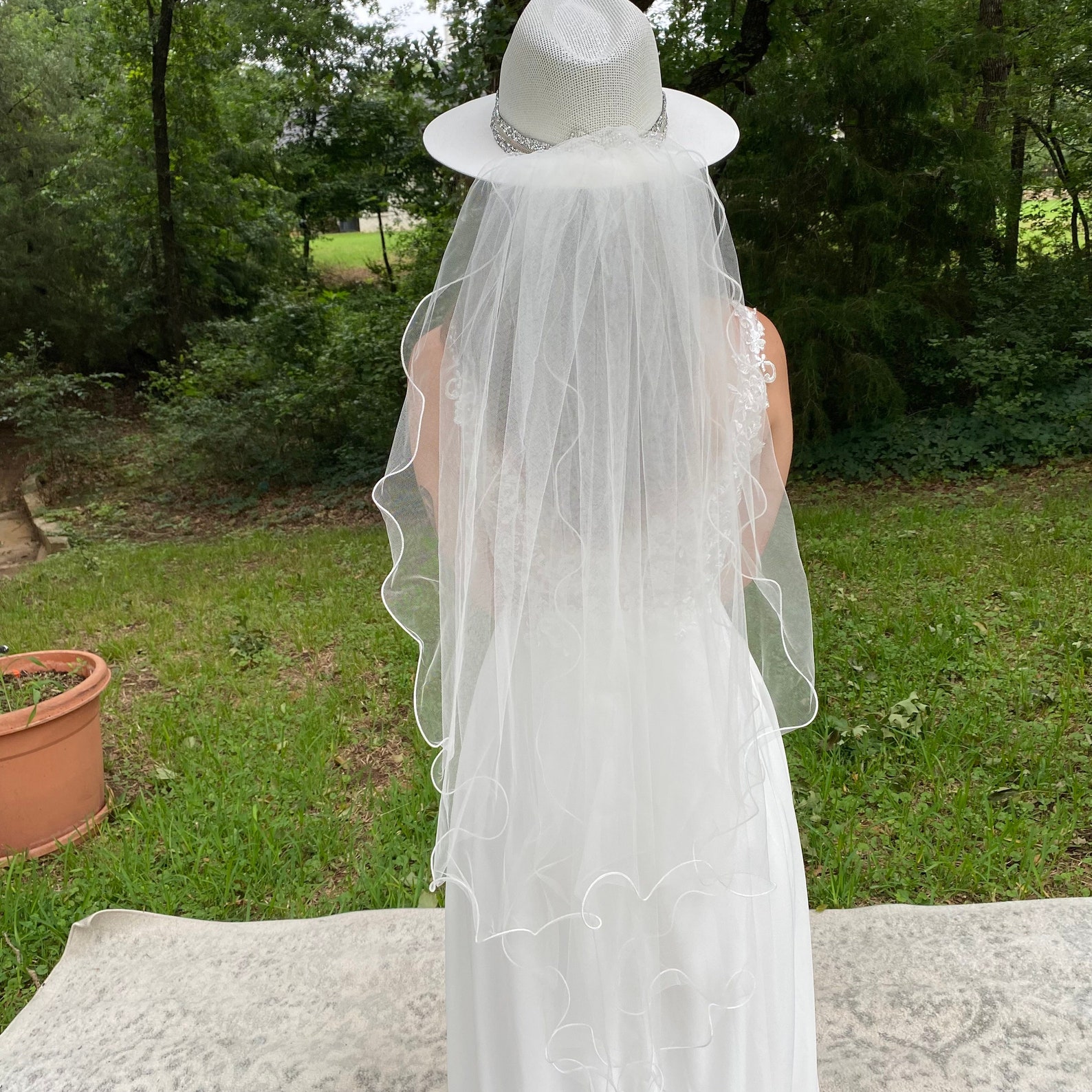 Bridal Wedding Fedora Hat With Hat Band of Crushed Rhinestones. 36" Two ...