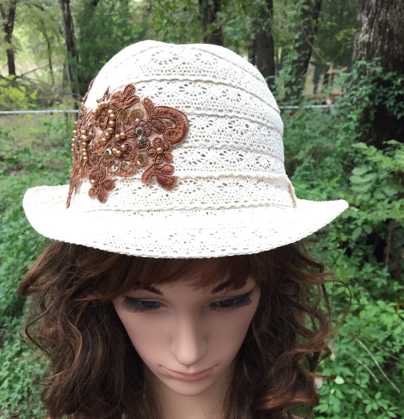 Tan Lace Fedora With Beautiful Brown Beaded Applique - Etsy