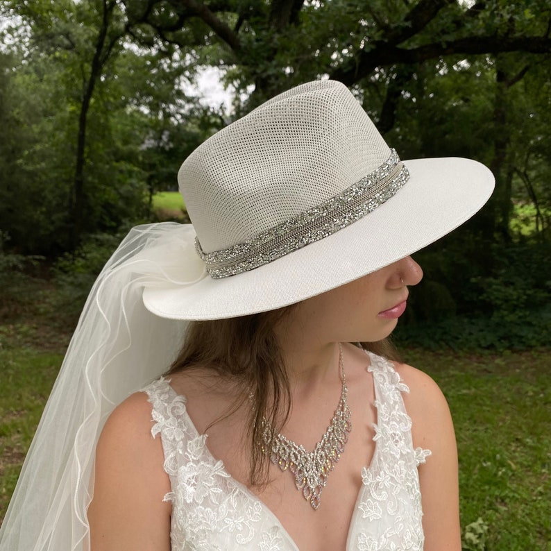 Bridal Wedding Fedora Hat With Hat Band of Crushed Rhinestones. 36" Two ...