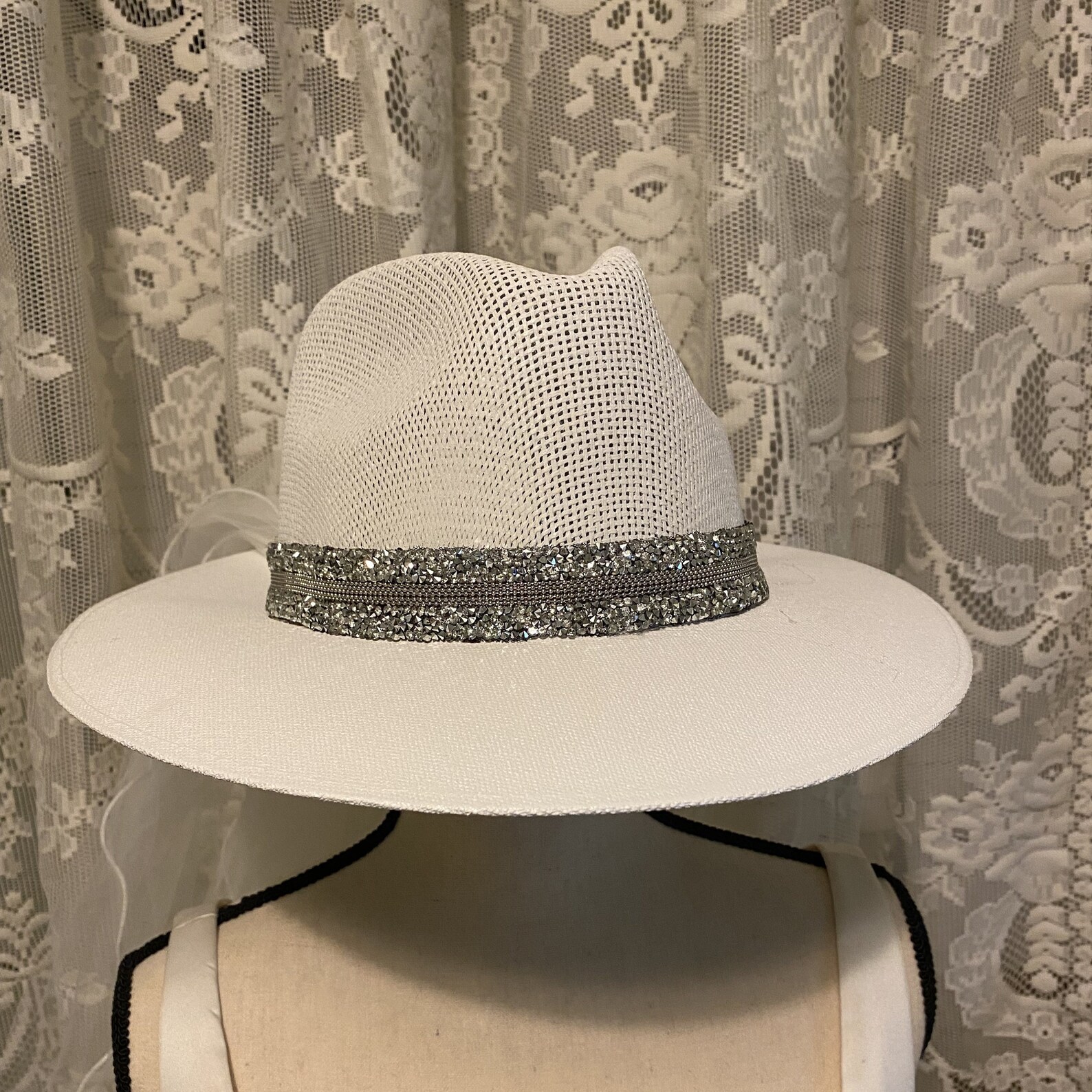 Bridal Wedding Fedora Hat With Hat Band of Crushed Rhinestones. 36" Two ...