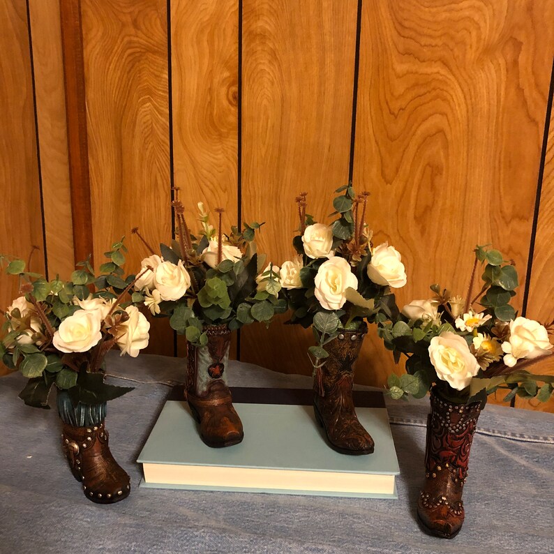Flower Arrangement in Brown Resin Boot With Look of Tooled Leather and ...