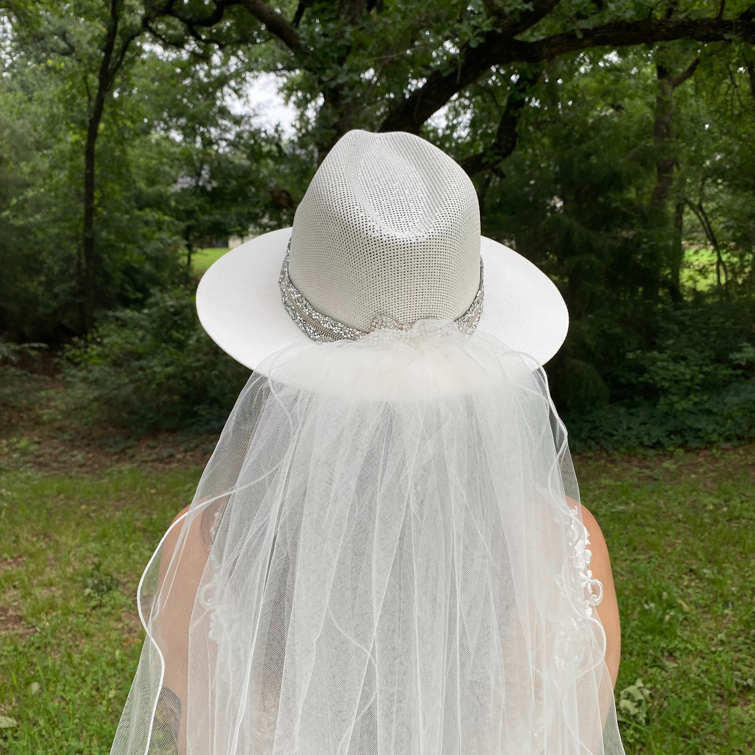 Bridal Wedding Fedora Hat With Hat Band of Crushed Rhinestones. 36" Two ...