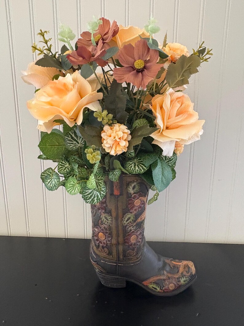 Boot Flower Vase Arrangement With Peach Rose Flowers & Unique Floral ...