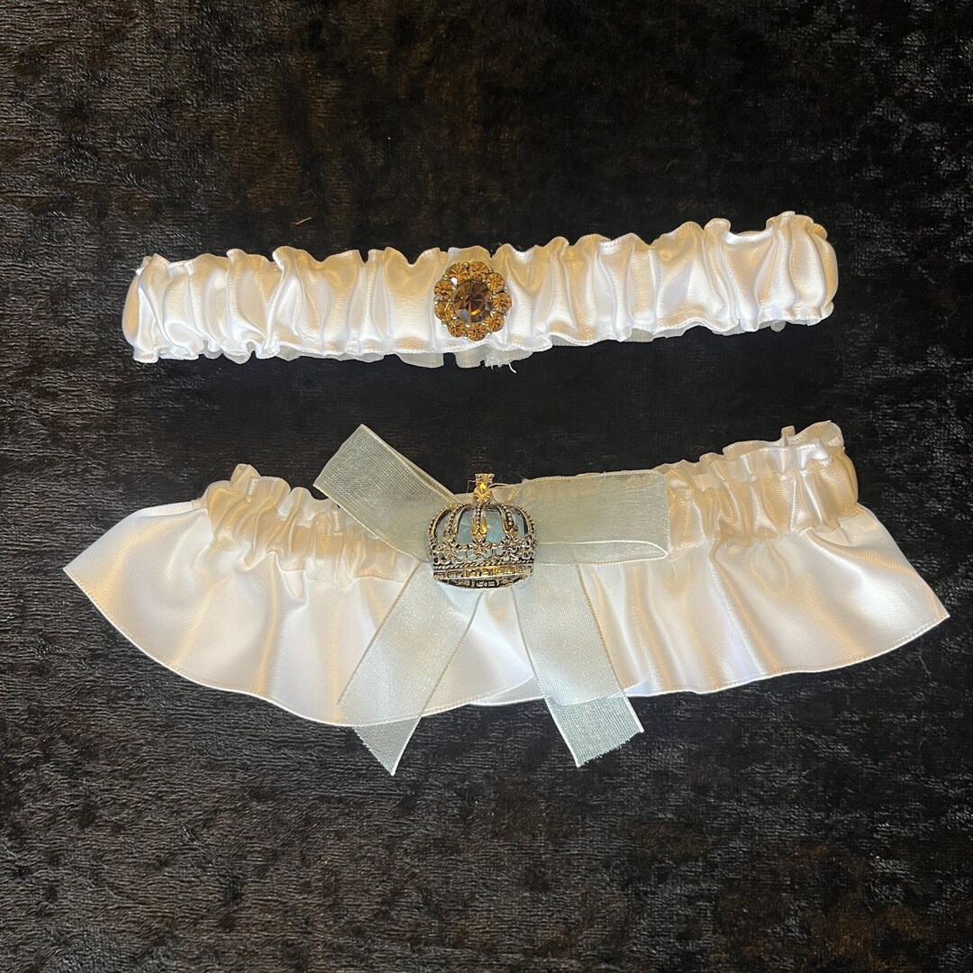Bride Garter White Satin With Blue Satin Bow Beautiful Antiqued Crown ...