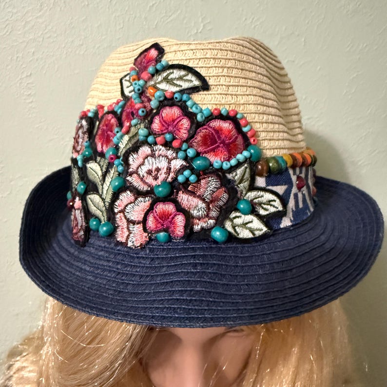 Beautiful Blue & Beige Straw Fedora Hat. Embellished With Embroidered ...