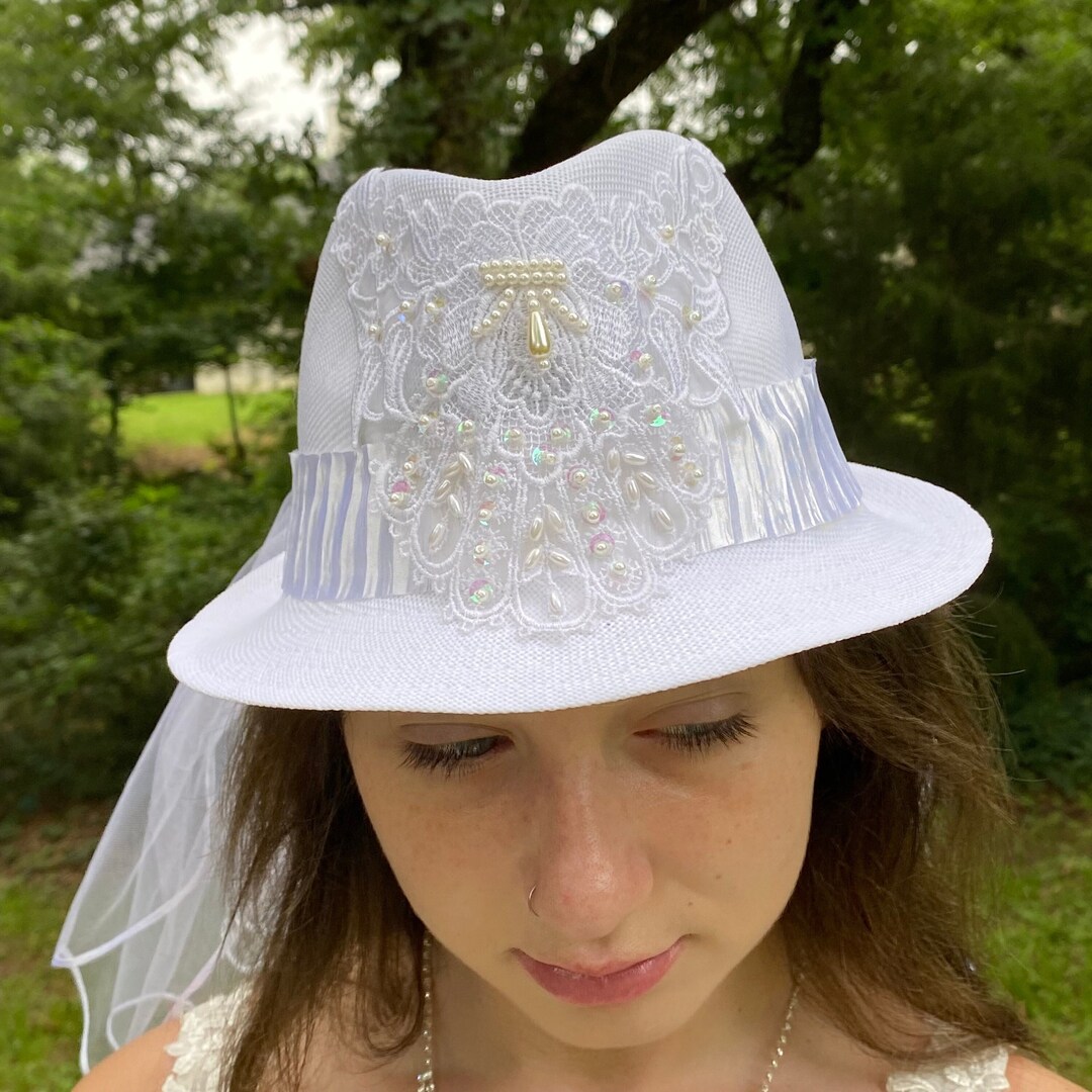 White Bridal Wedding Fedora Hat With Hat Band of Pleated Ribbon and a ...