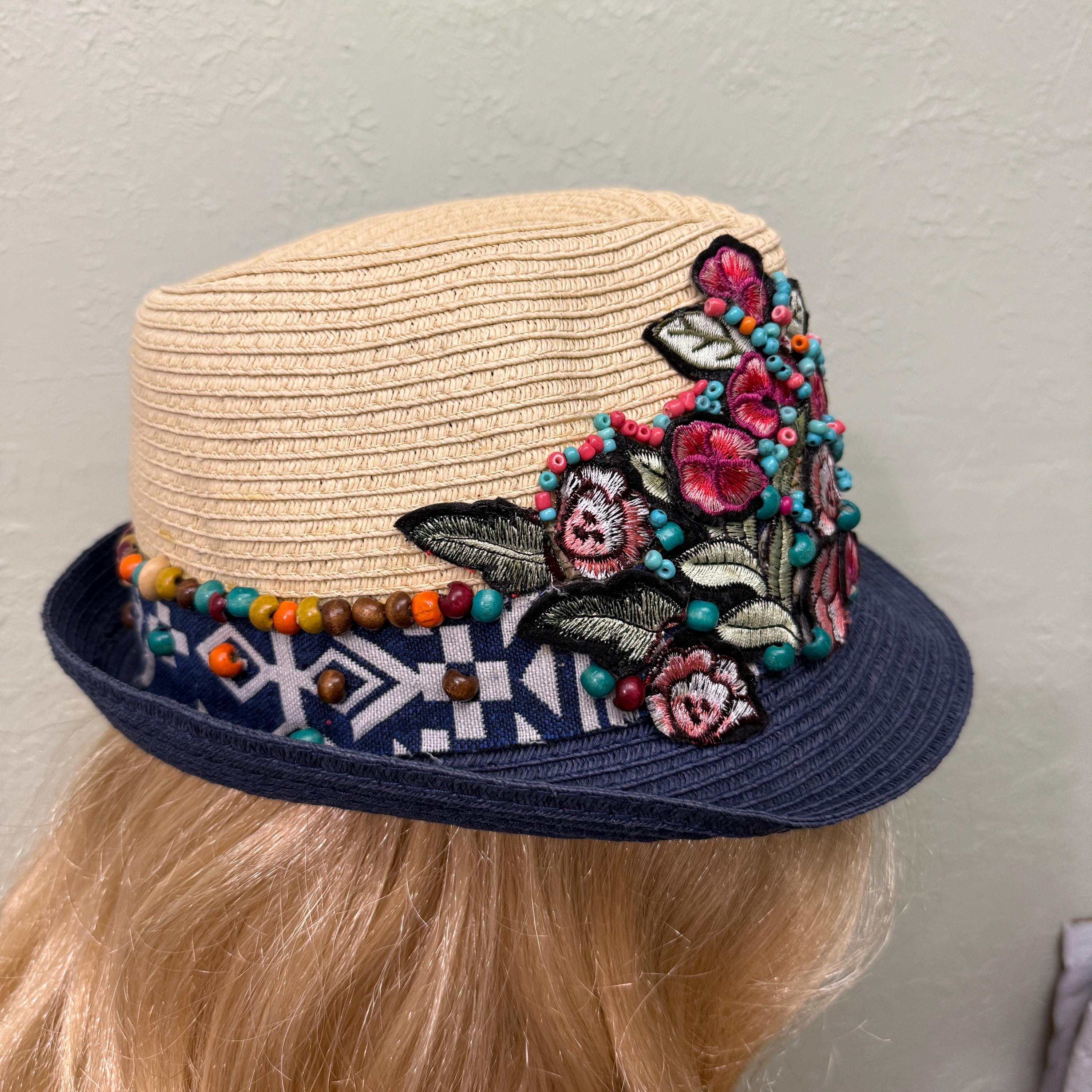 Beautiful Blue & Beige Straw Fedora Hat. Embellished With Embroidered ...
