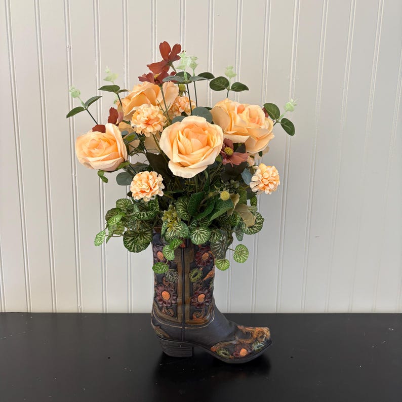 Boot Flower Vase Arrangement With Peach Rose Flowers & Unique Floral ...