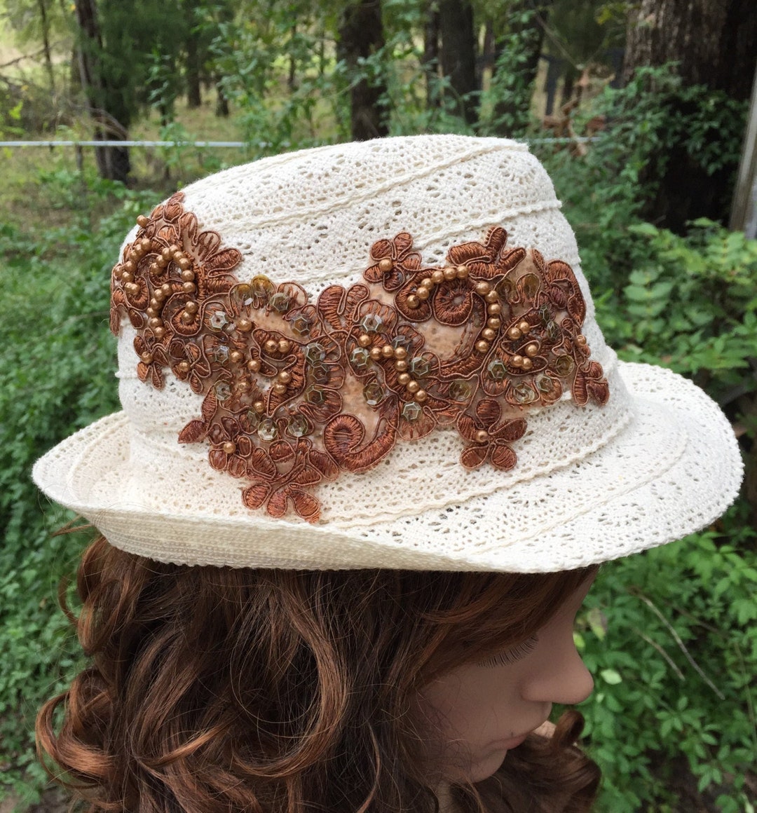 Tan Lace Fedora With Beautiful Brown Beaded Applique - Etsy