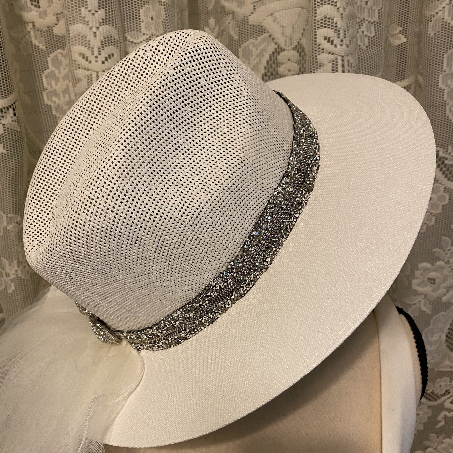 Bridal Wedding Fedora Hat With Hat Band of Crushed Rhinestones. 36" Two ...