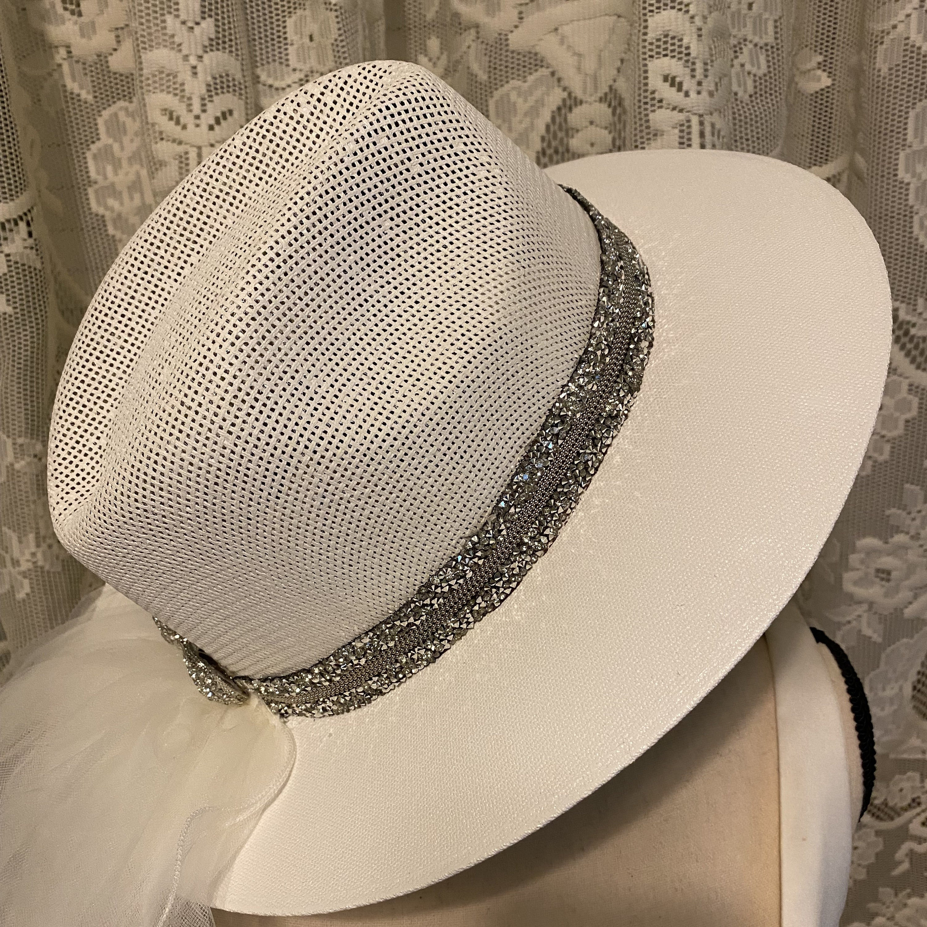 Bridal Wedding Fedora Hat With Hat Band of Crushed Rhinestones. 36" Two ...