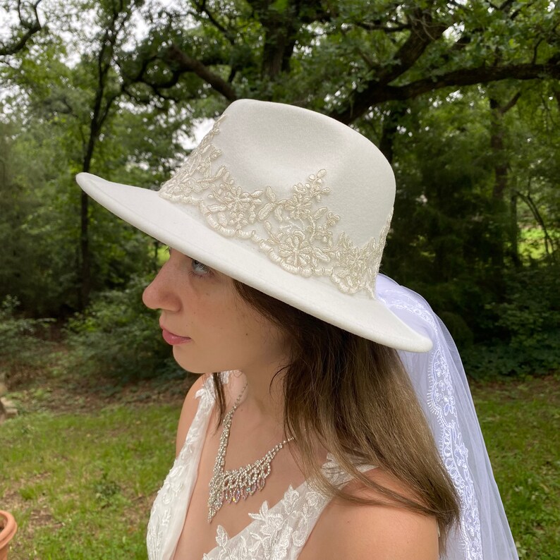 Wedding Fedora Hat White Felt With Hatband of Beautiful Lace Accented ...