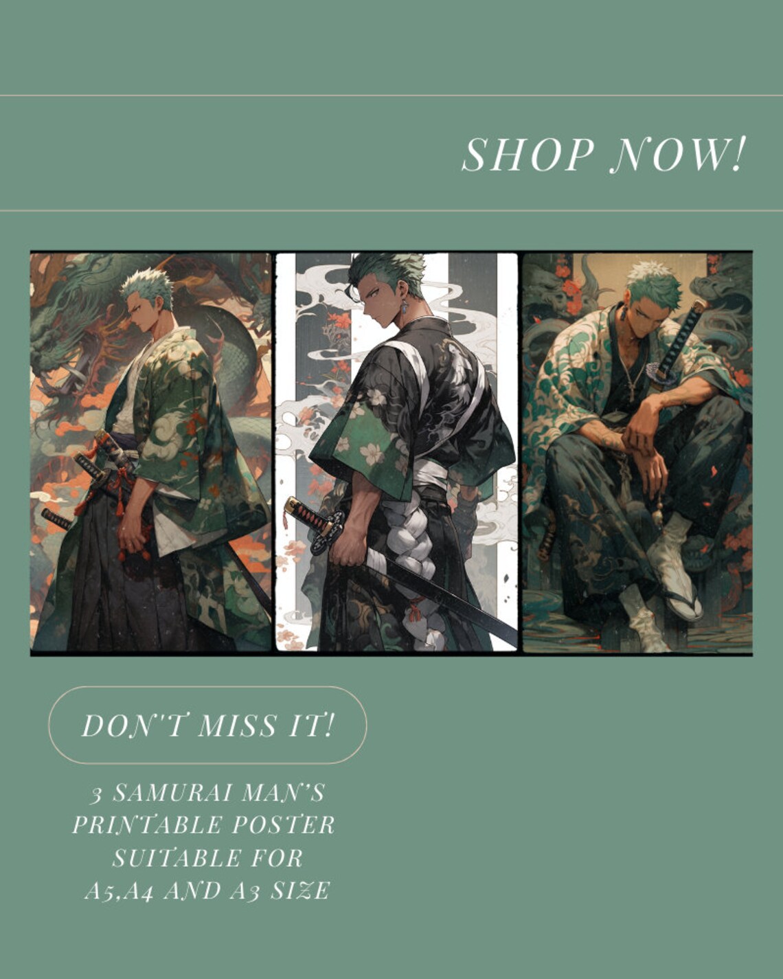 Samurai Man Three Poster Set Ai Generated Anime Printable Poster Set ...