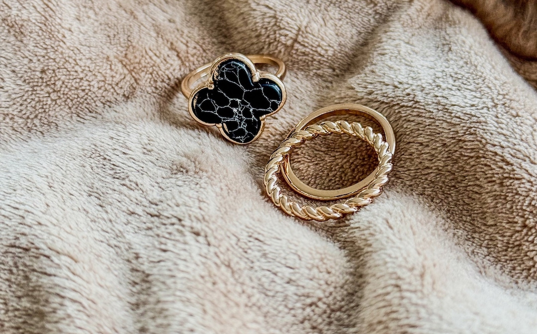 Black Clover Ring Dupe Set 14K Gold Plated Size 7/8 15mm Van Cleef Dupe Ring Van Cleef Clover ...