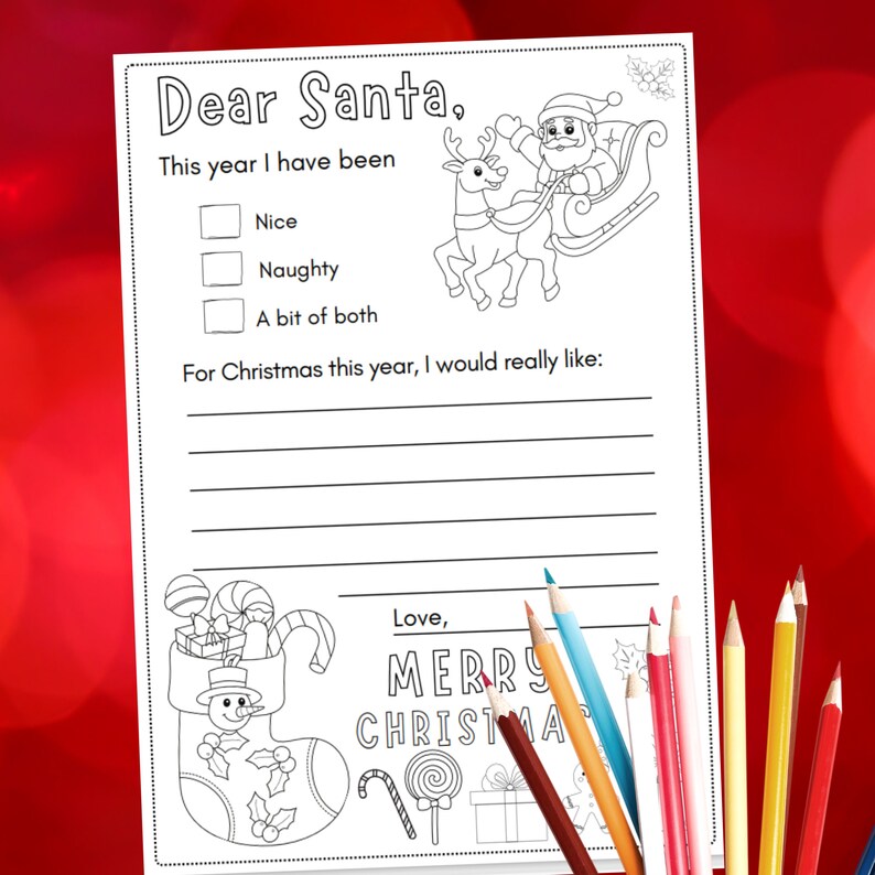Letter to Santa Coloring Page, Kids Christmas Wish List, Printable ...