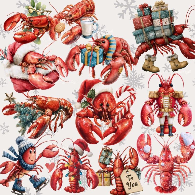 25 Christmas Crawfish Clipart Set | Watercolor Holiday Crawfish PNG ...