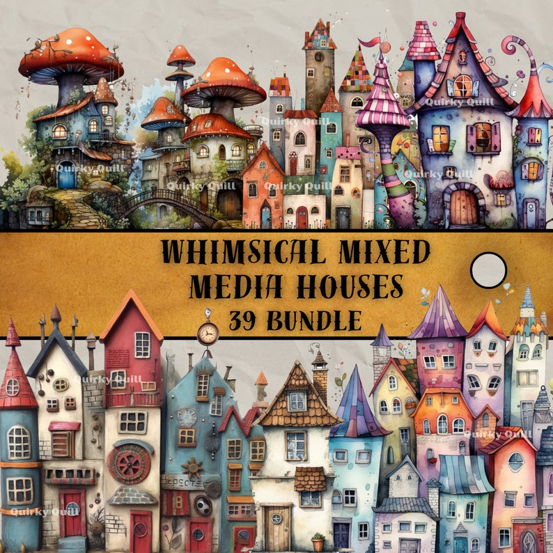 Mixed Media Whimsical Houses, Commercial Use, Whimsical Graphics ...